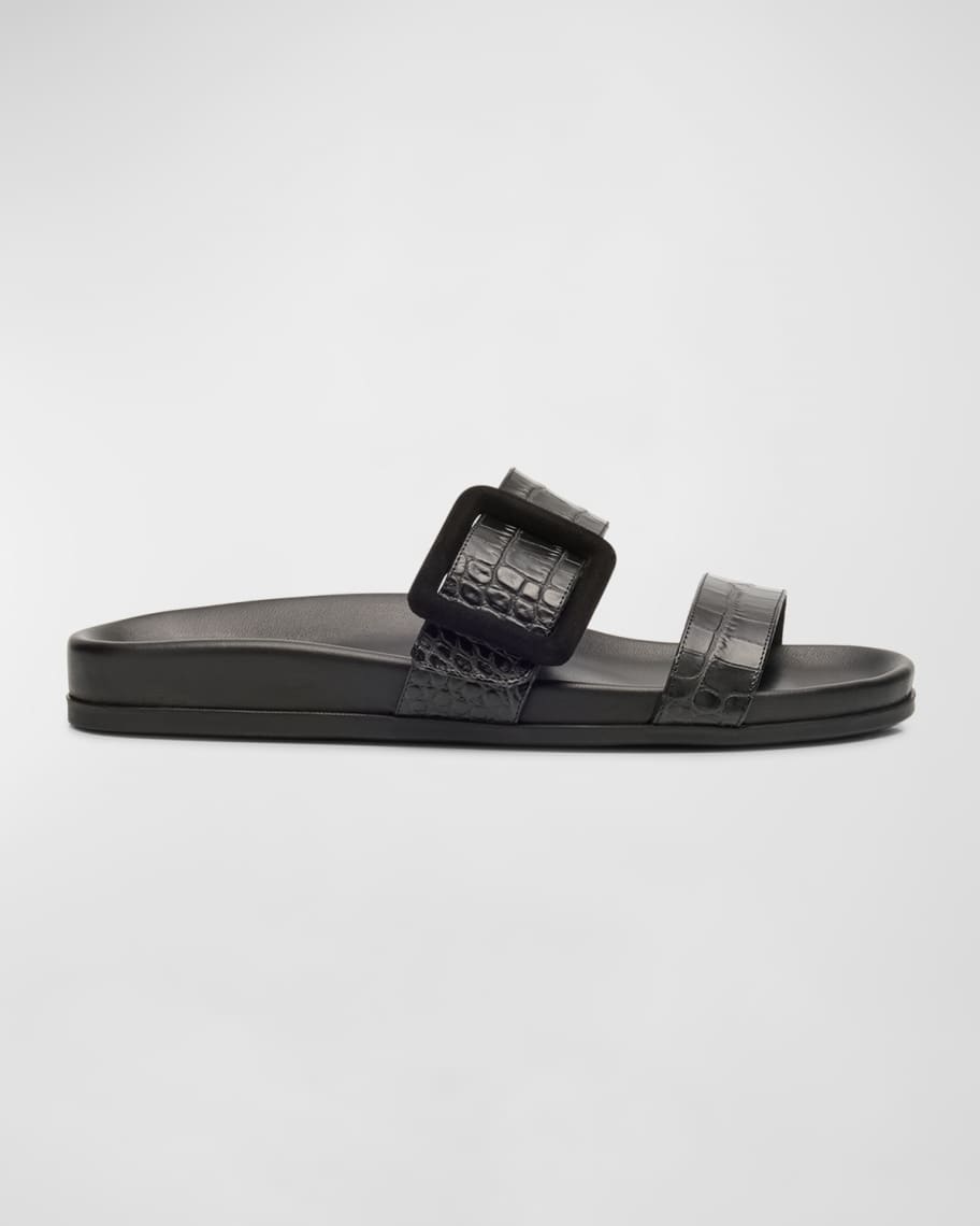 Manolo Blahnik Mayfu Fussbett Croco Slide Sandals | Neiman Marcus