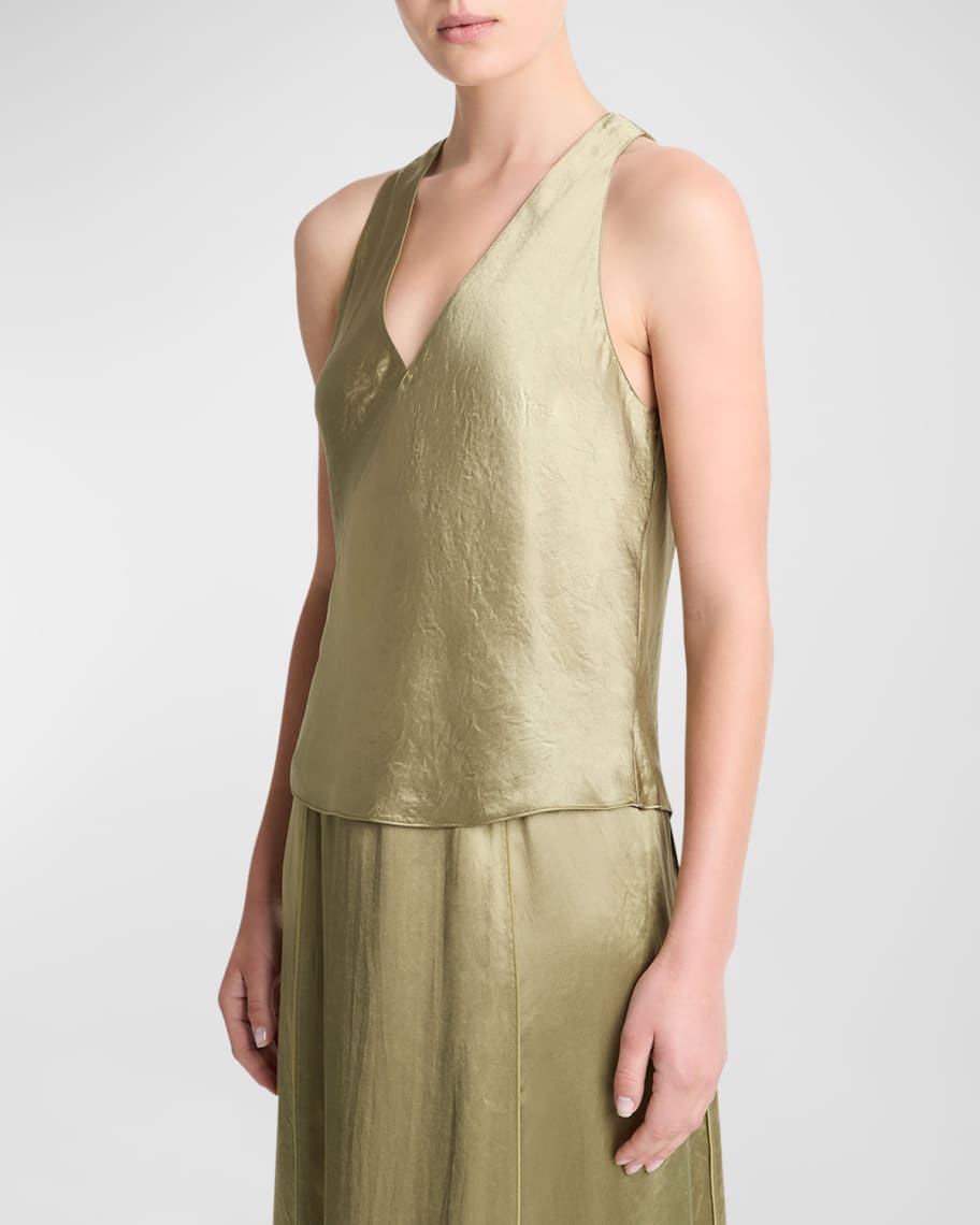Vince Crossover V-Neck Crushed Satin Tank Top | Neiman Marcus