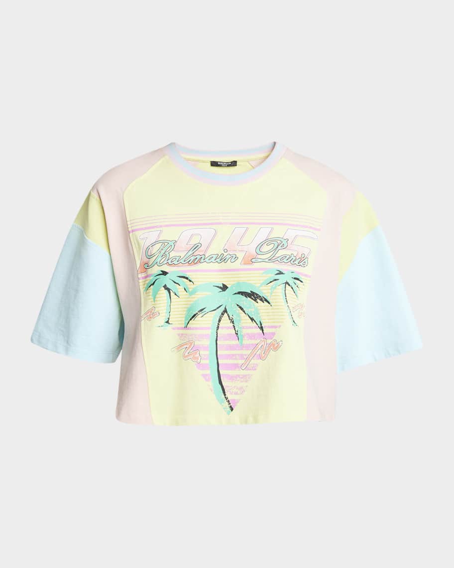Balmain Palm Tree Colorblock Short-Sleeve Logo Crop T-Shirt | Neiman Marcus