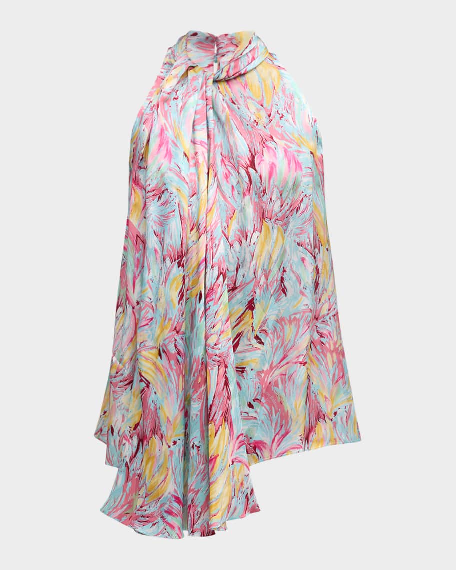 Balmain Lavalliere Feather Print Tie-Neck Top | Neiman Marcus