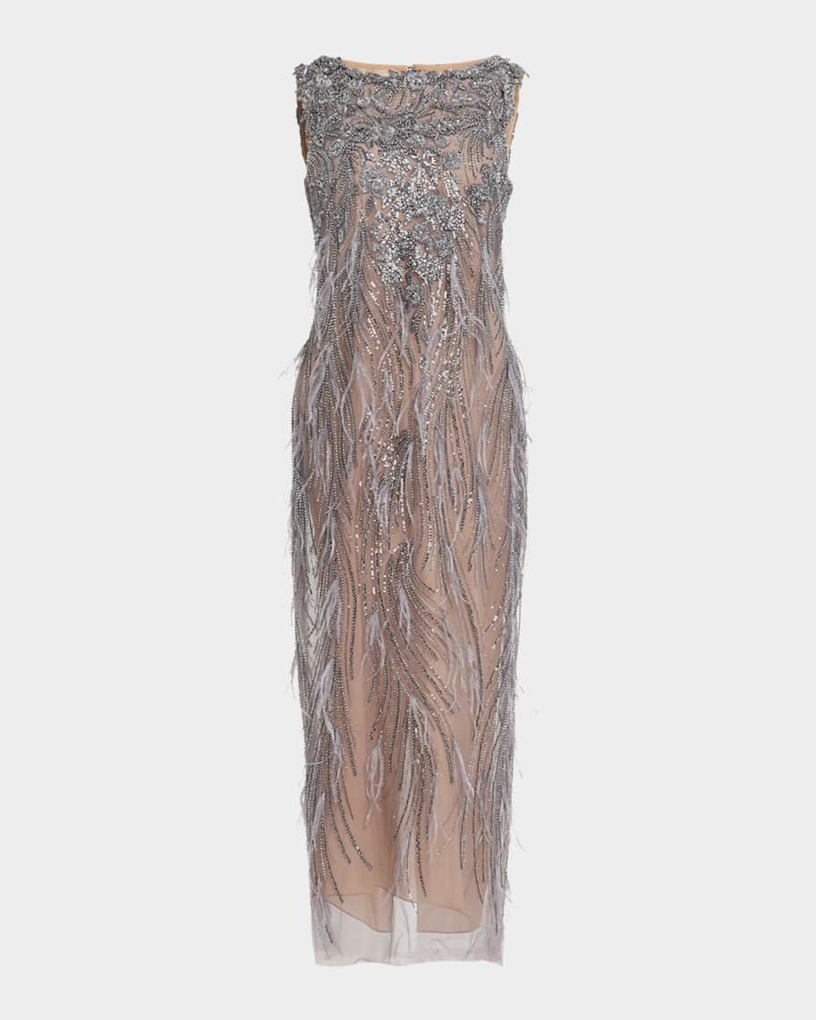 Marchesa Beaded Ostrich-Feather Embroidered Cocktail Dress | Neiman Marcus