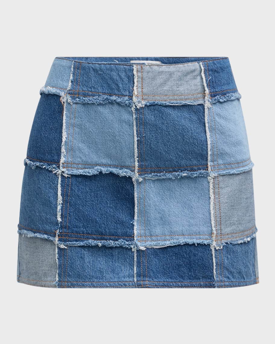 FRAME The 70s Patchwork Denim Mini Skirt | Neiman Marcus