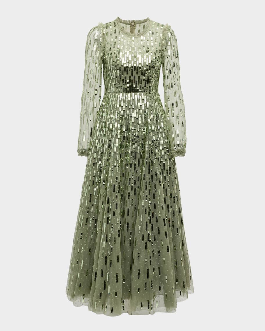 Needle & Thread Long-Sleeve Sequined Dash Ankle Gown | Neiman Marcus