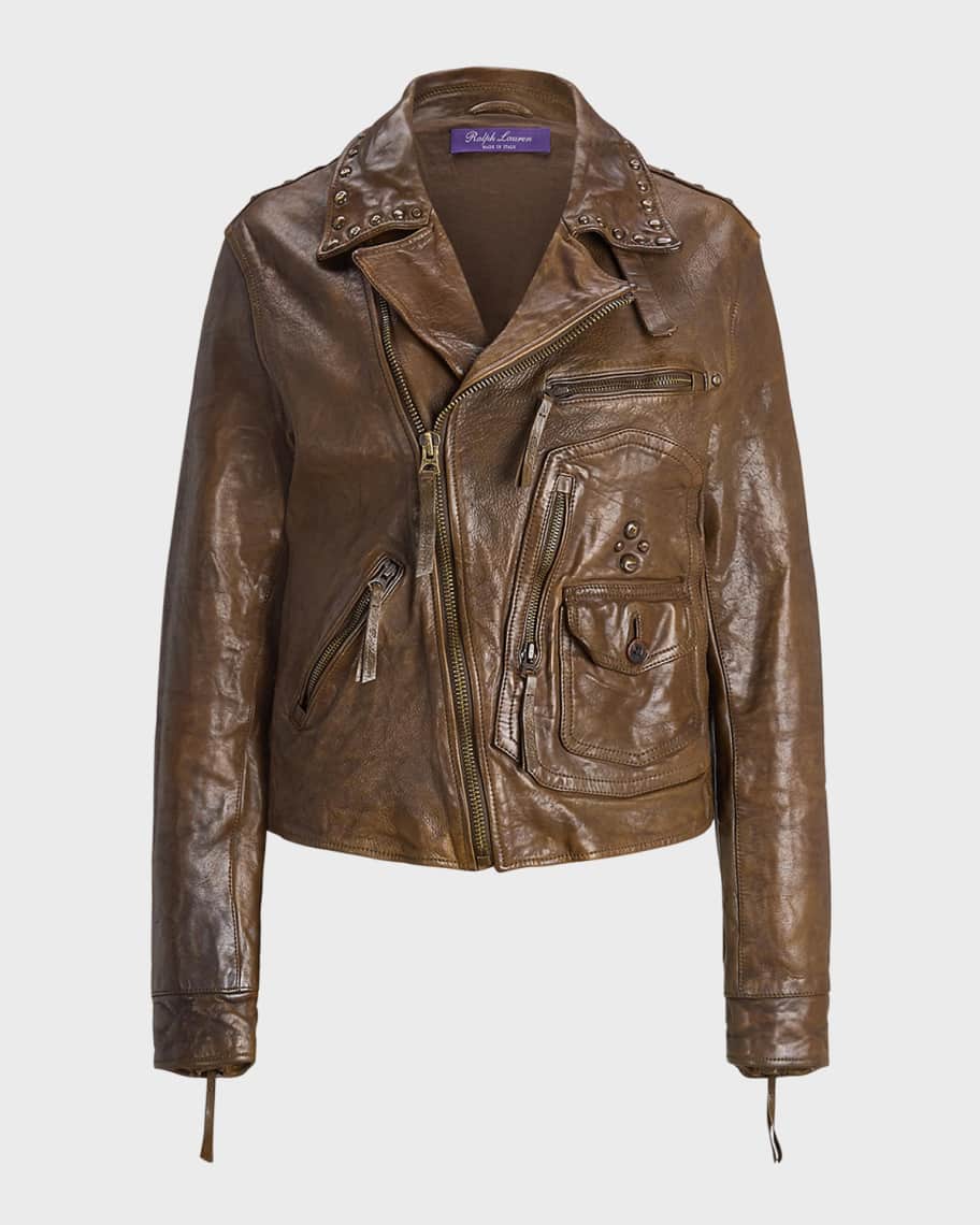 Ralph Lauren Collection Andrea Studded Leather Distressed Moto Jacket ...