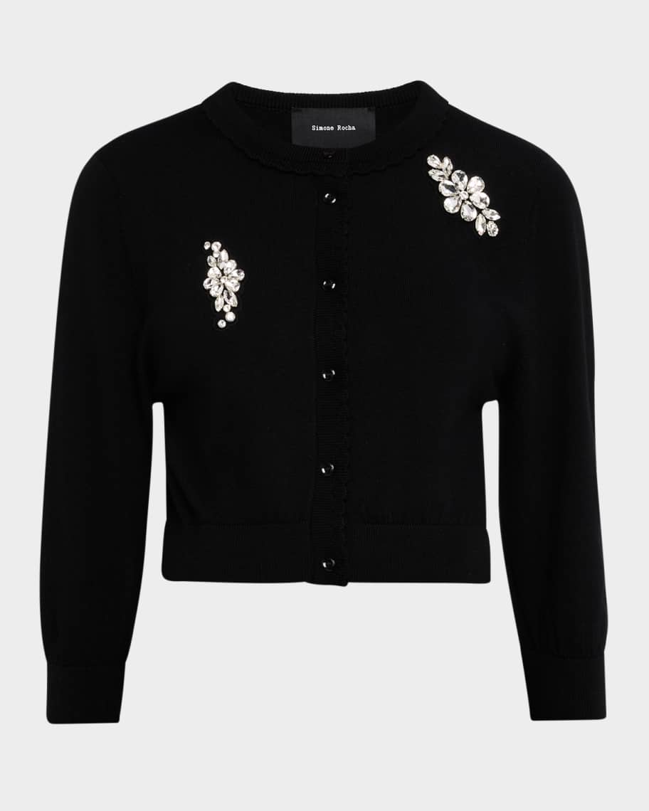 Simone Rocha Crustal Scallop Placket Wool Cropped Cardigan | Neiman Marcus