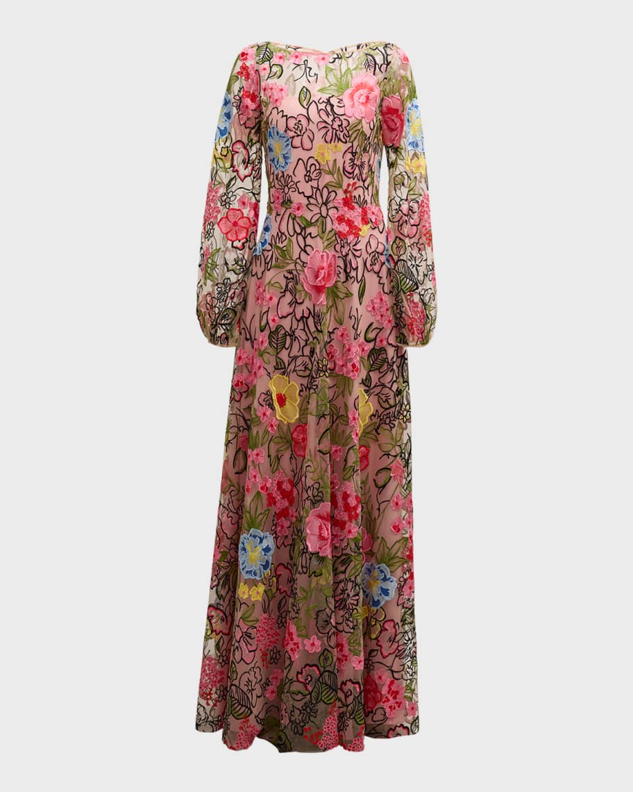 Naeem Khan Floral Embroidered Long-Sleeve Gown | Neiman Marcus