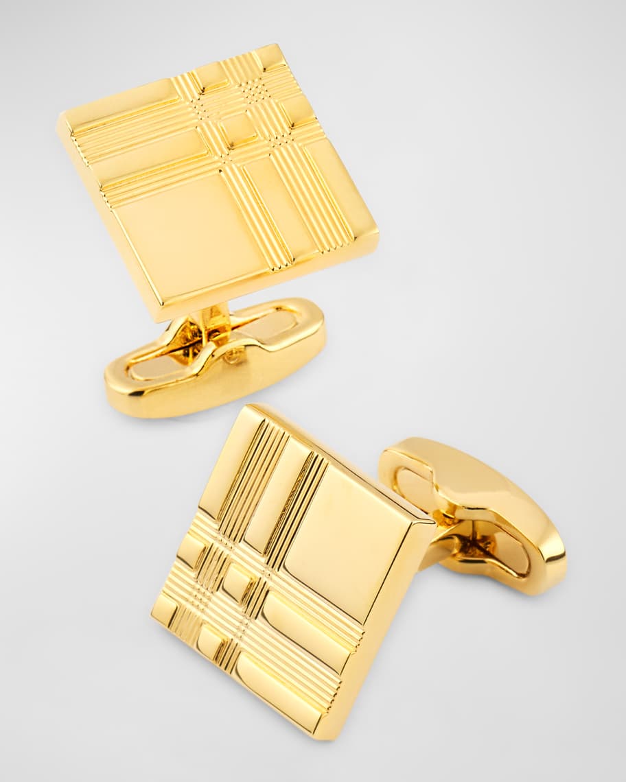 Link Up Men's Gold-Tone Plaid Etched Square Cufflinks | Neiman Marcus