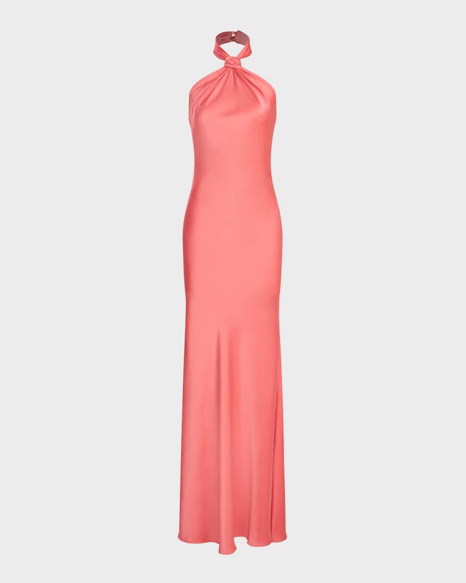 Halston Emi Twist-Front Satin Halter Gown | Neiman Marcus
