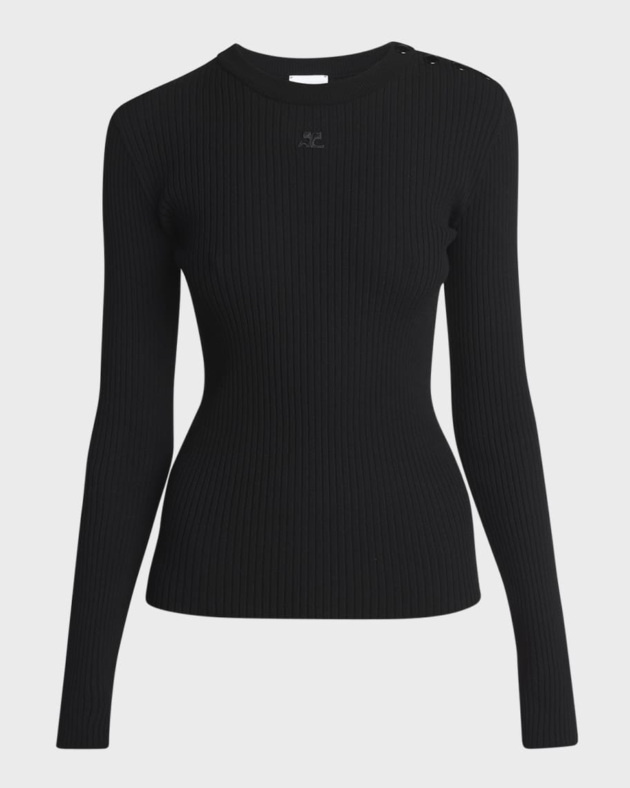 Courreges Shoulder Snaps Long-Sleeve Rib Sweater | Neiman Marcus