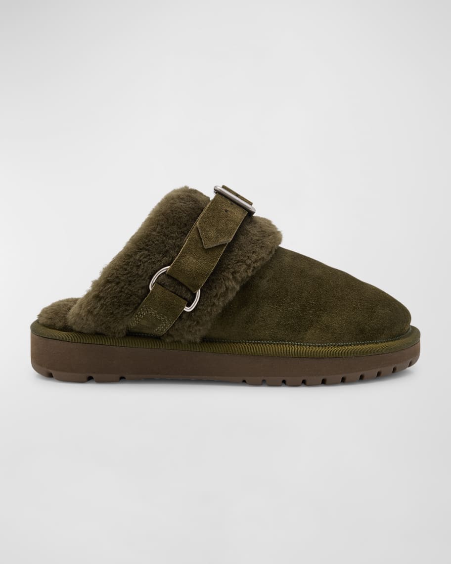 Burberry Chubby Suede Shearling Buckle Mules | Neiman Marcus