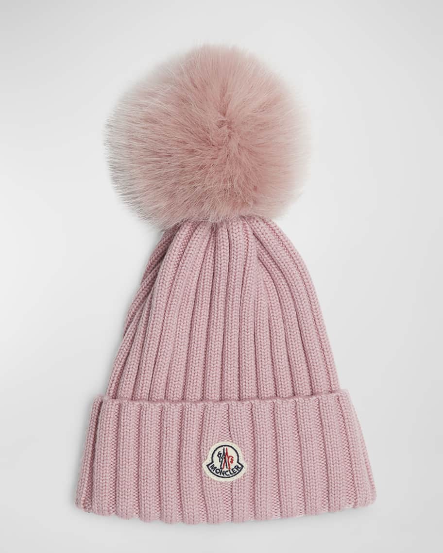 Moncler Ribbed Wool Beanie with Faux Fur Pom | Neiman Marcus