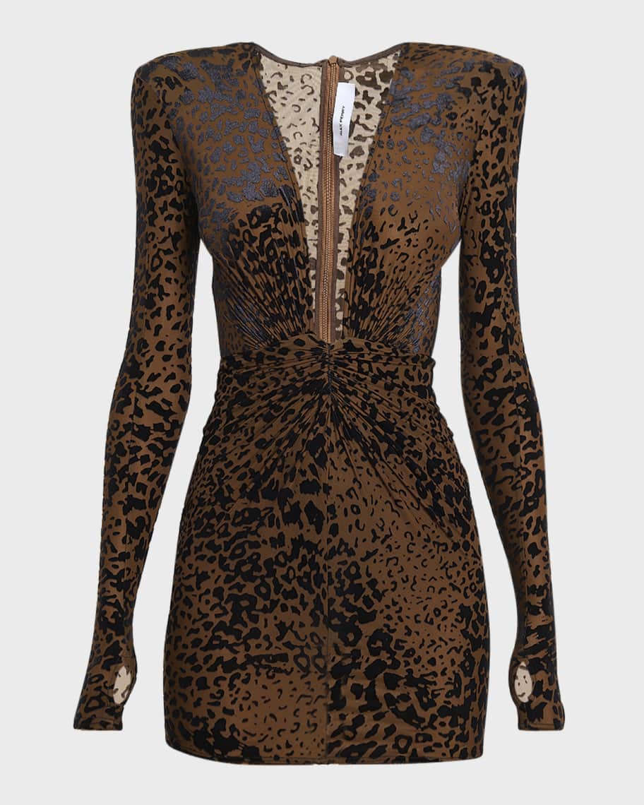 Alex Perry Plunging Long-Sleeve Leopard Burnout Mini Dress | Neiman Marcus