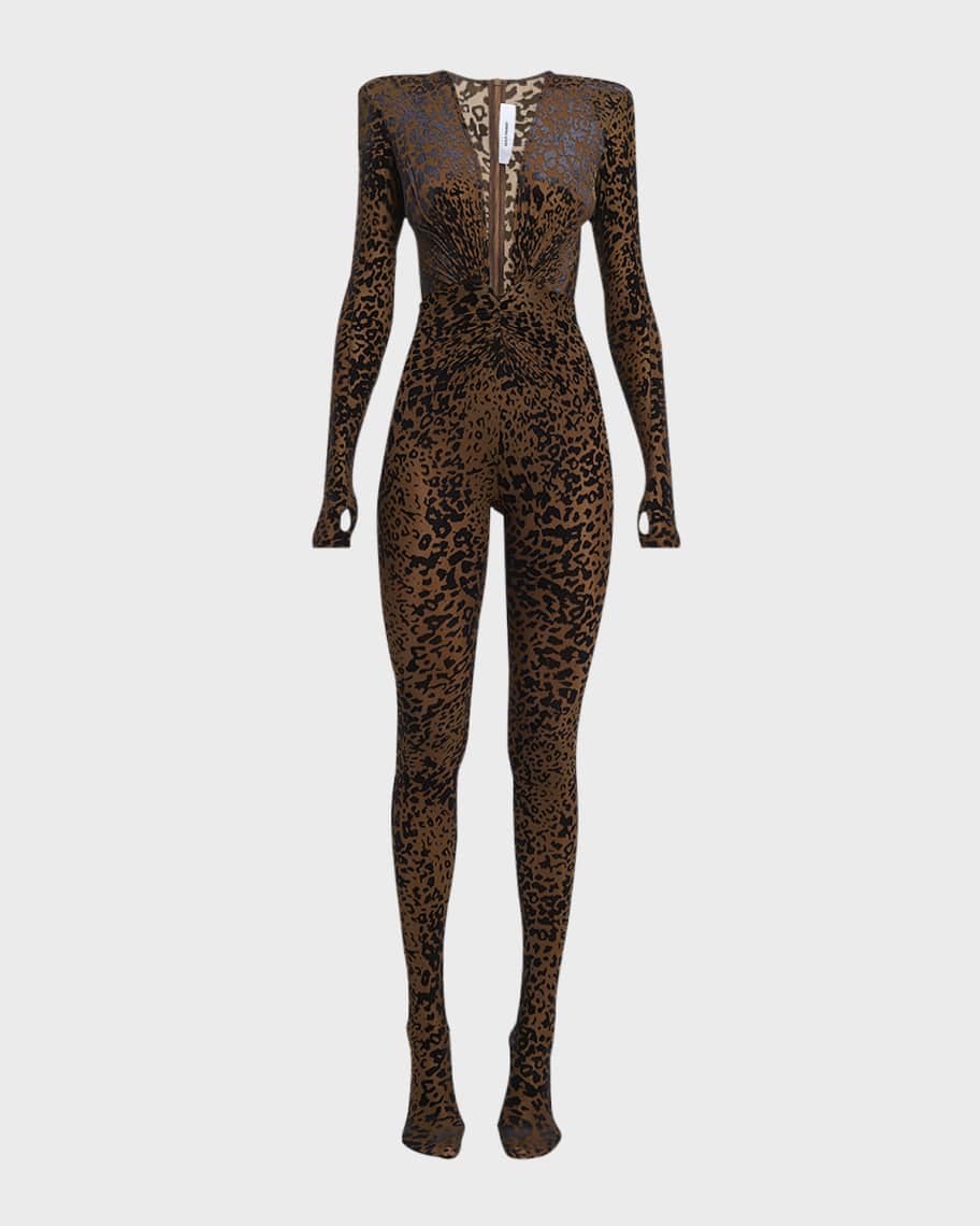 Alex Perry Ruched Plunging Long-Sleeve Leopard Burnout Catsuit | Neiman ...
