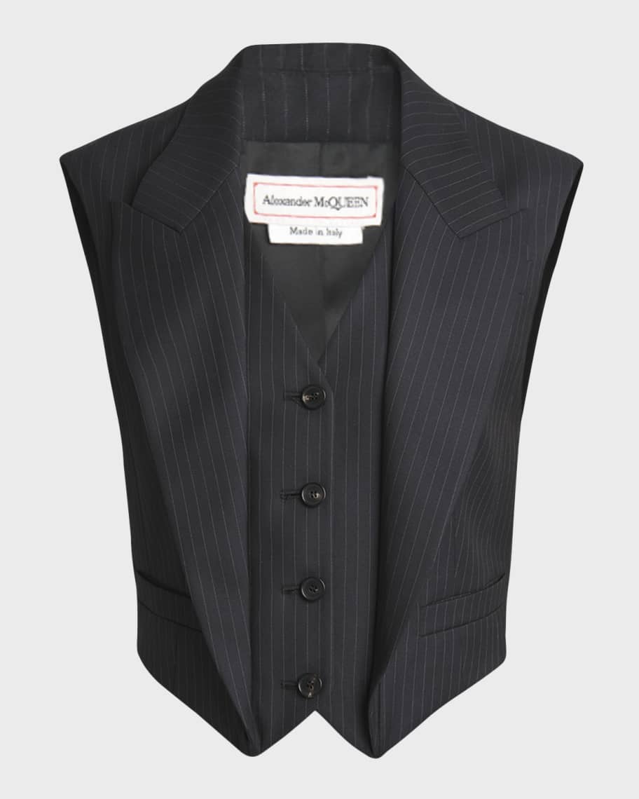 McQueen Pinstripe Peak-Lapel Single-Breasted Vest | Neiman Marcus