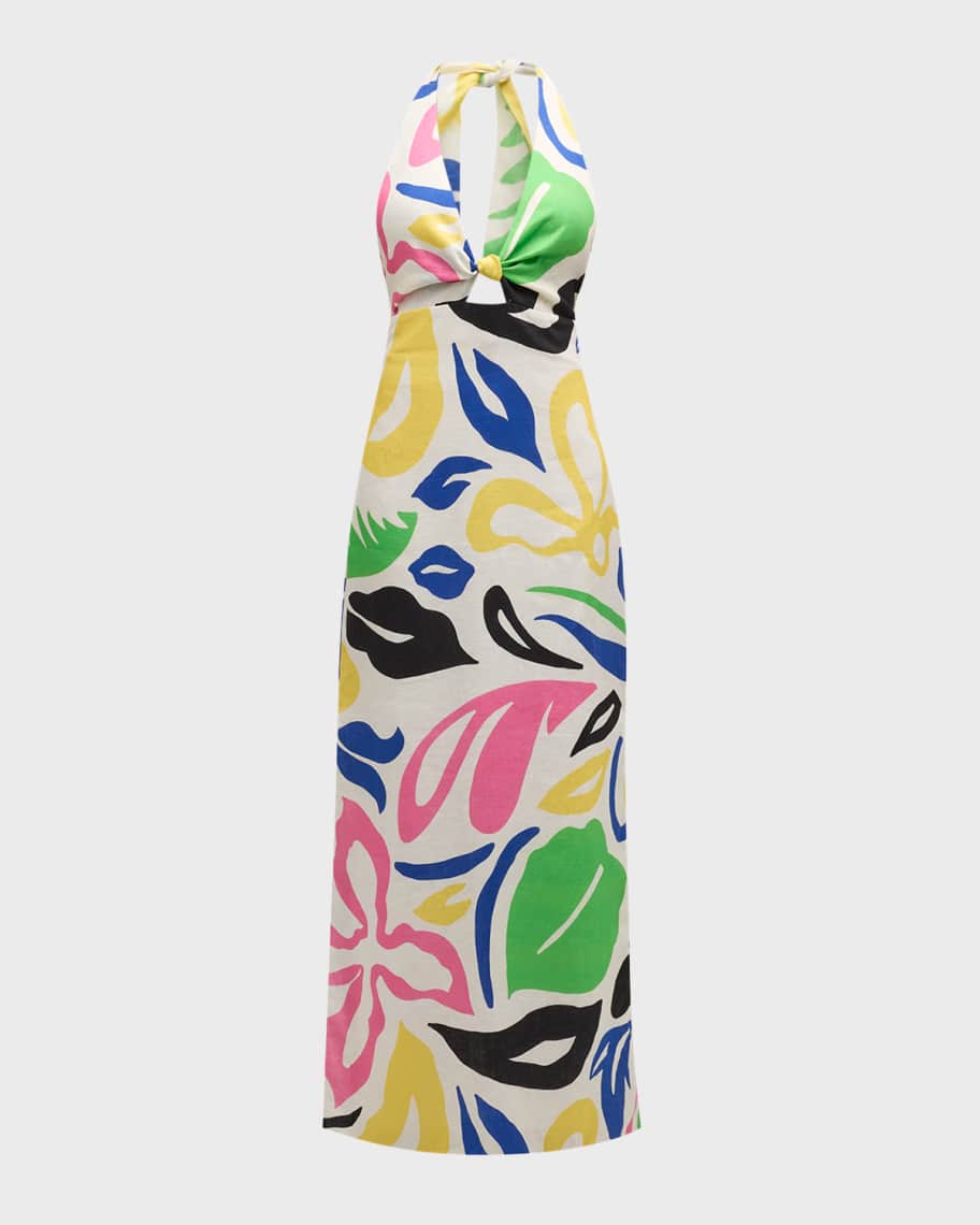 Cala de la Cruz Eli Floral Linen Long Backless Halter Dress | Neiman Marcus