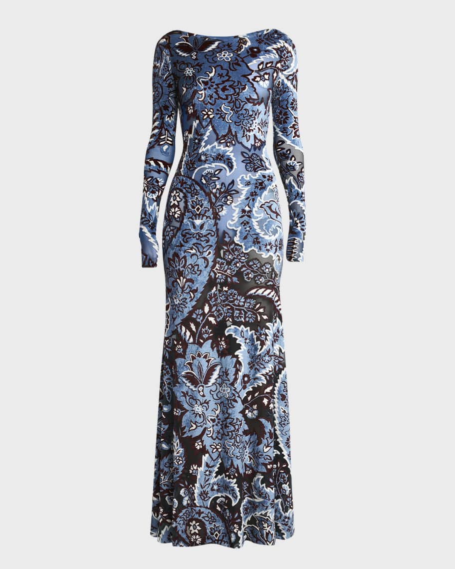 Etro Paisley Devore Mesh Long-Sleeve Backless Gown | Neiman Marcus