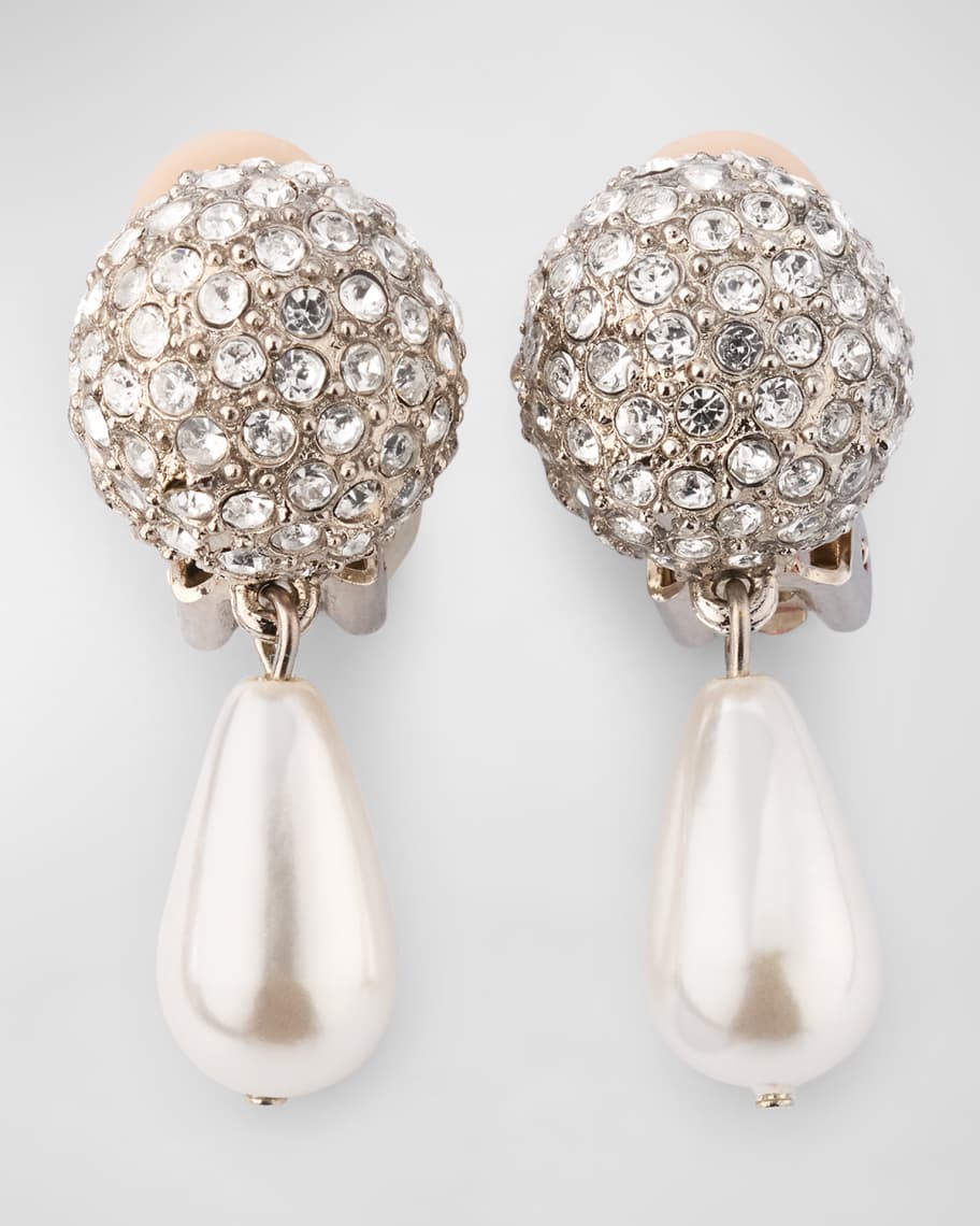 Oscar de la Renta Crystal & Pearl Drop Clip-On Earrings | Neiman Marcus