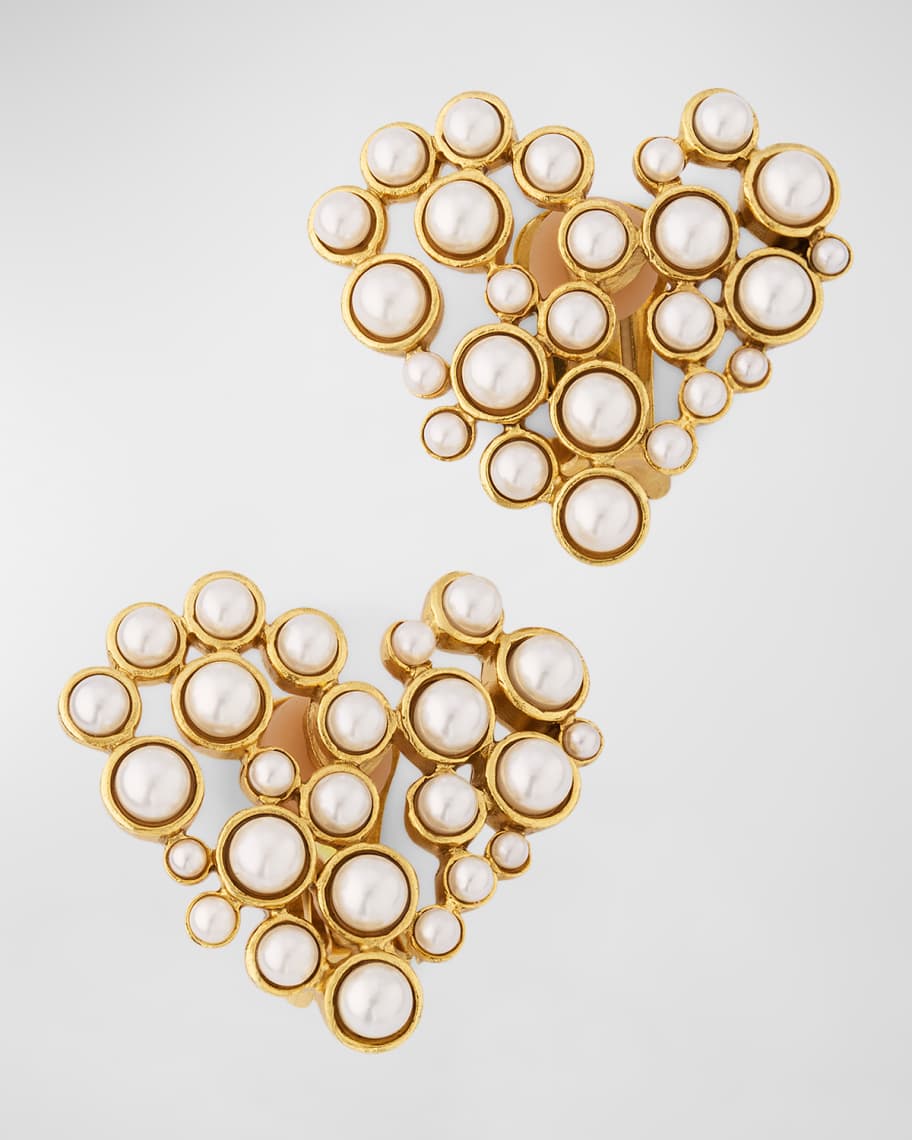 Oscar de la Renta Crystal Pearl Heart Clip-On Earrings | Neiman Marcus