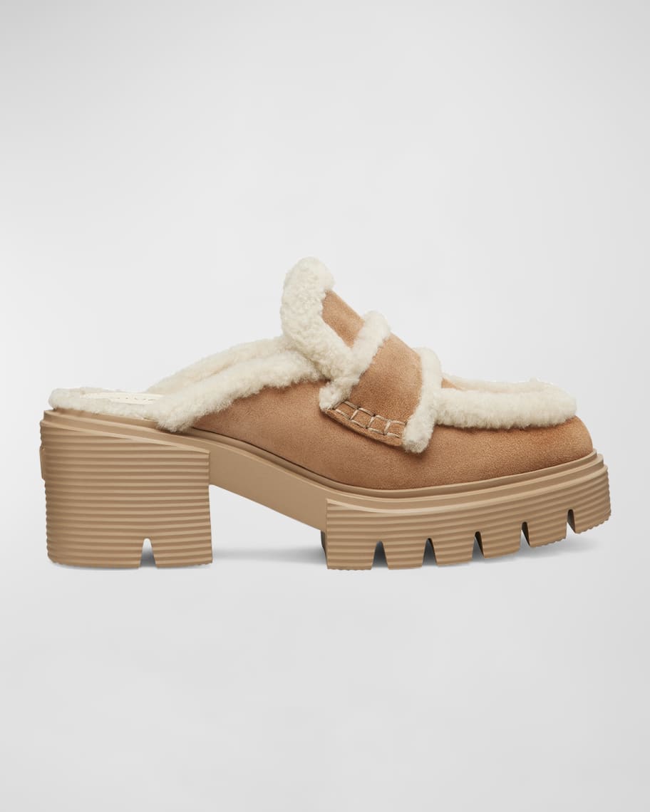 Stuart Weitzman Lennox Suede Shearling Loafer Mules | Neiman Marcus