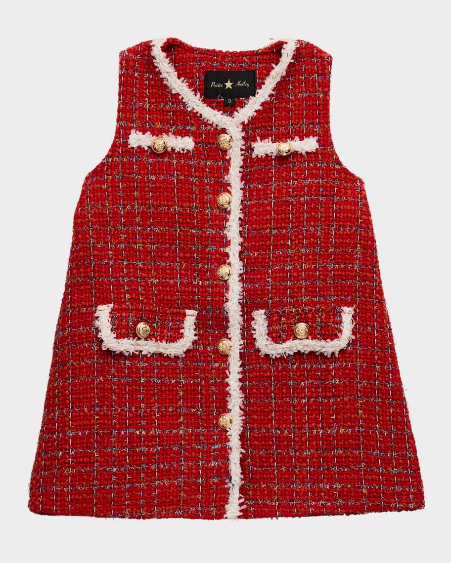 Petite Hailey Girl's Tweed Dress W/ Gold Buttons, Size 2-10 | Neiman Marcus