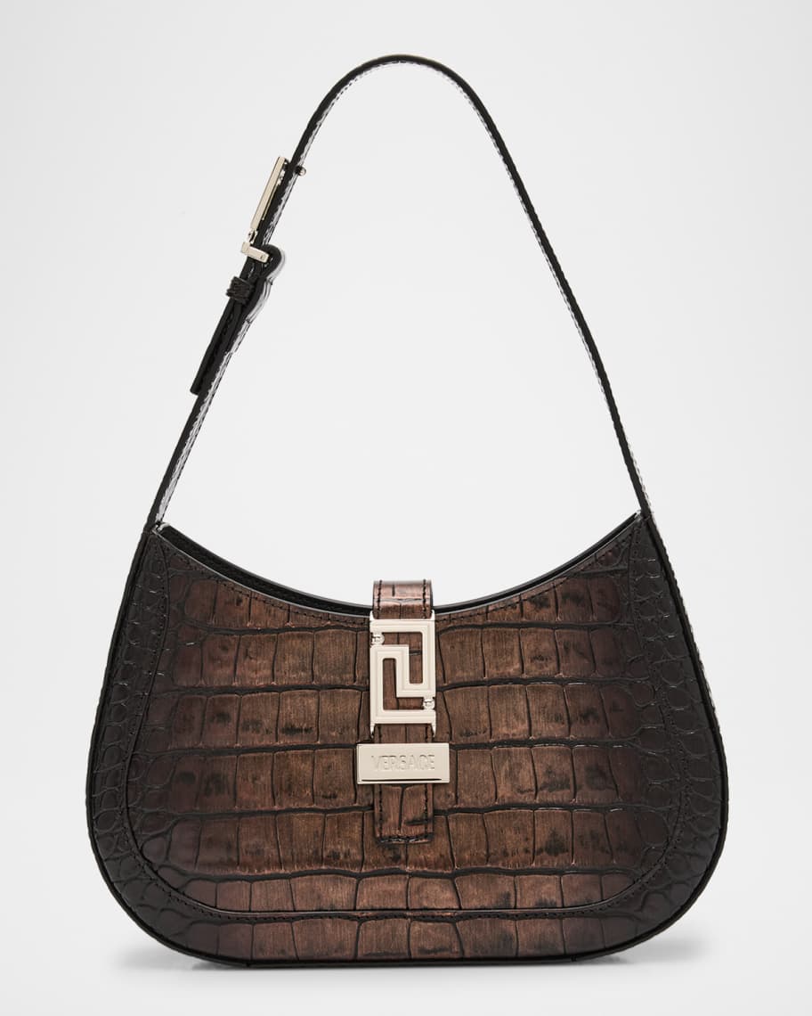 Versace Greca Goddess Small Croc-Embossed Hobo Bag | Neiman Marcus