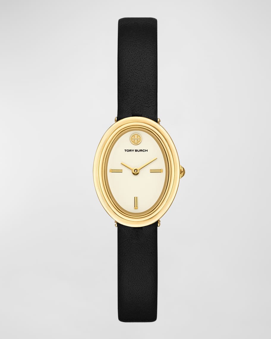 Tory Burch Oval Gold-Tone Stainless Steel Black Leather Watch | Neiman ...
