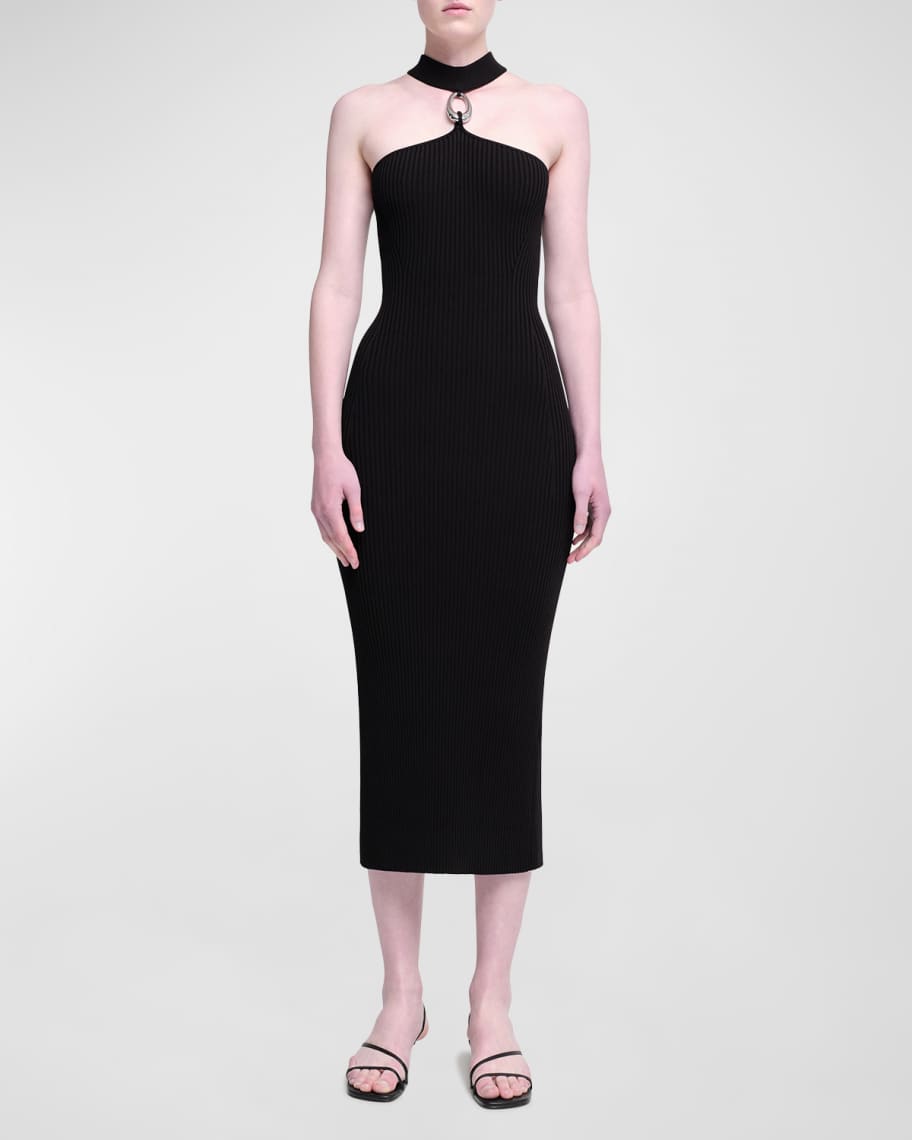 SIMKHAI Arya Strappy Halter Ribbed Midi Dress | Neiman Marcus