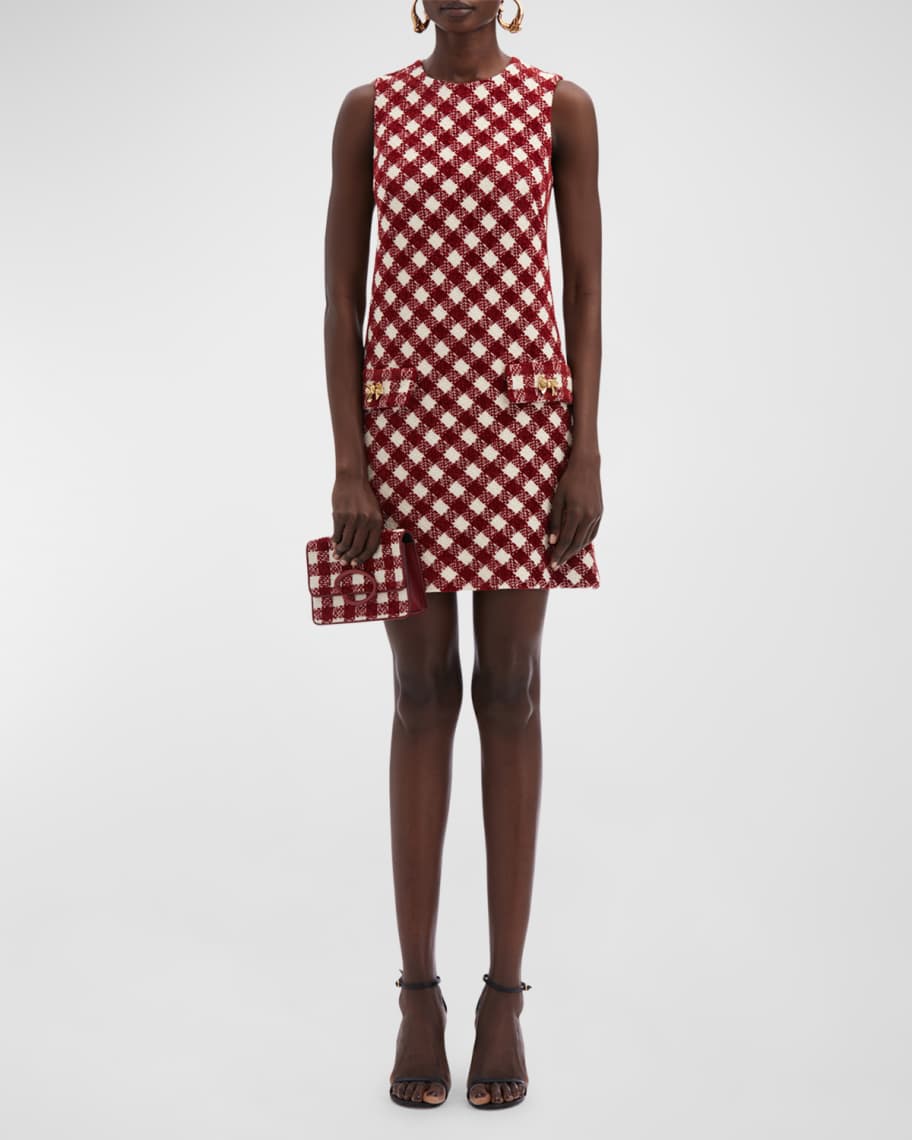 Oscar de la Renta Chenille Check Tweed Shift Dress with Bow Details ...