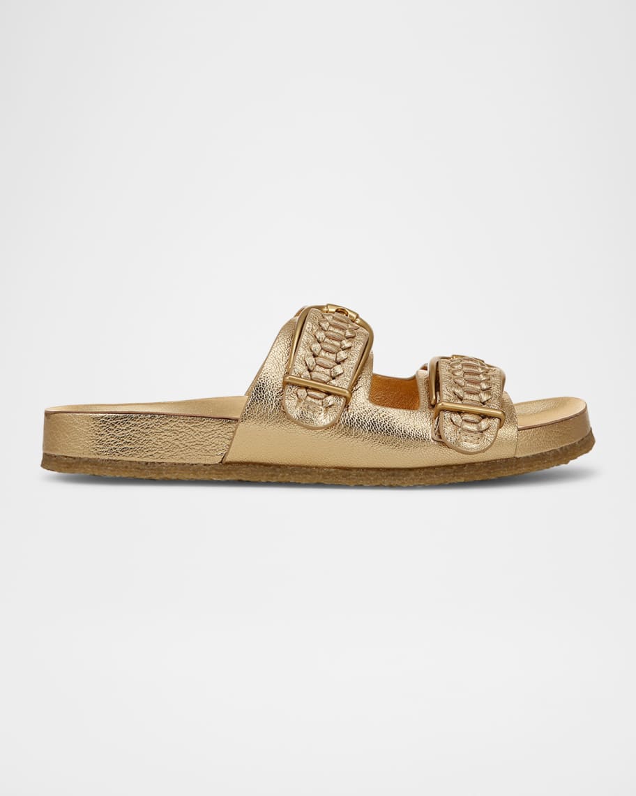Veronica Beard Paige Woven Metallic Dual-Buckle Slide Sandals | Neiman ...