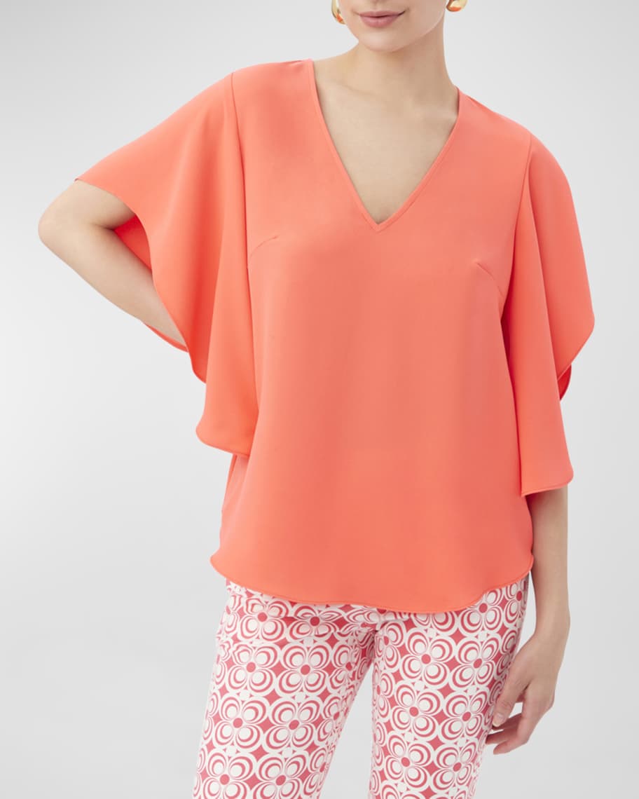 Trina Turk Moore Silky Flutter-Sleeve Top | Neiman Marcus