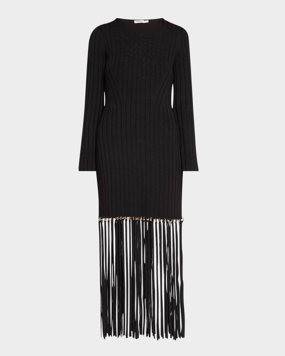 SIMKHAI Sharron Long-Sleeve Midi Fringe Dress | Neiman Marcus