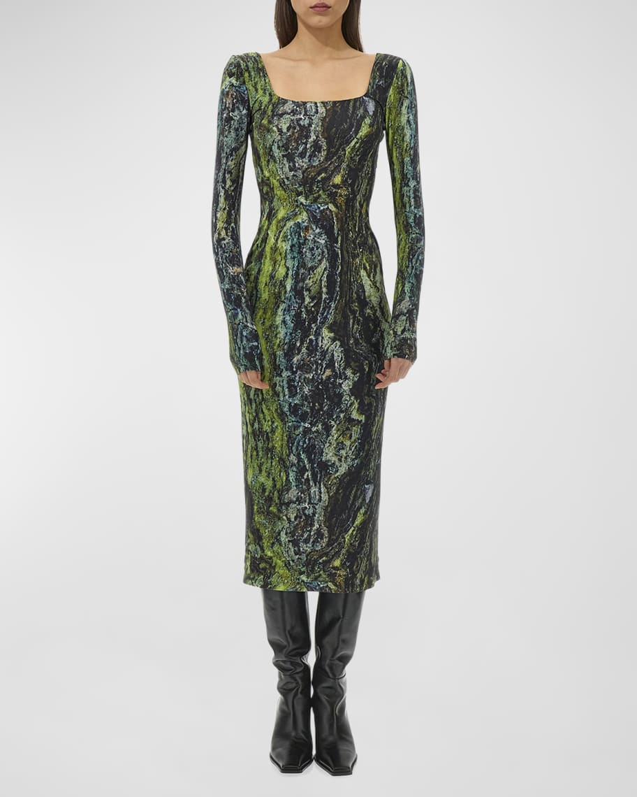 Roberto Cavalli Marble Square-Neck Long-Sleeve Midi Dress | Neiman Marcus