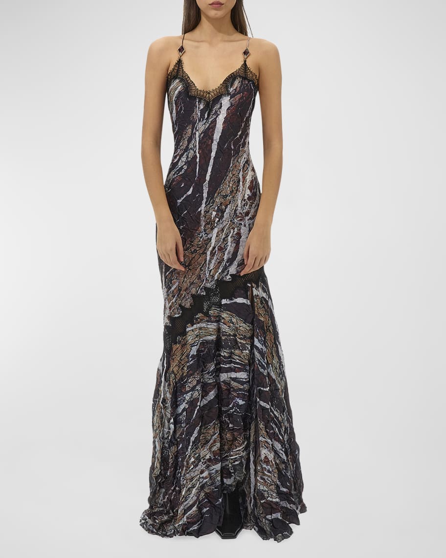 Roberto Cavalli Marble-Print Backless Trumpet Slip Dress | Neiman Marcus