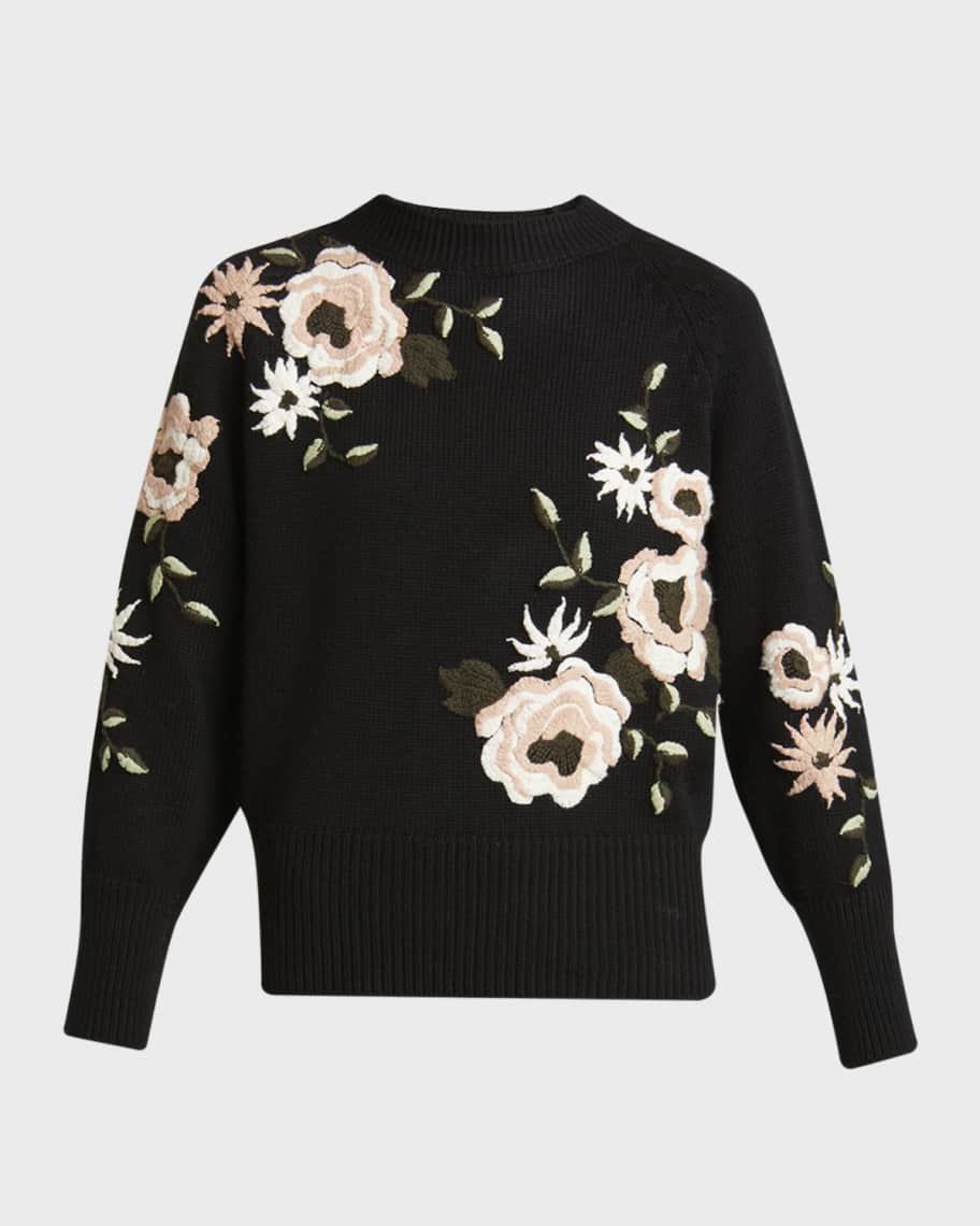 Elie Saab Floral Embroidered Wool Crewneck Sweater | Neiman Marcus
