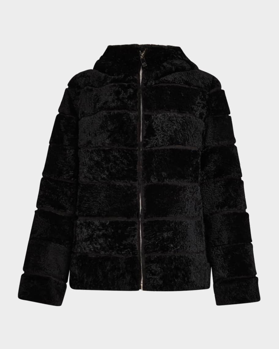 Gorski Horizontal Curly Lamb Shearling Zip Jacket With Hood | Neiman Marcus