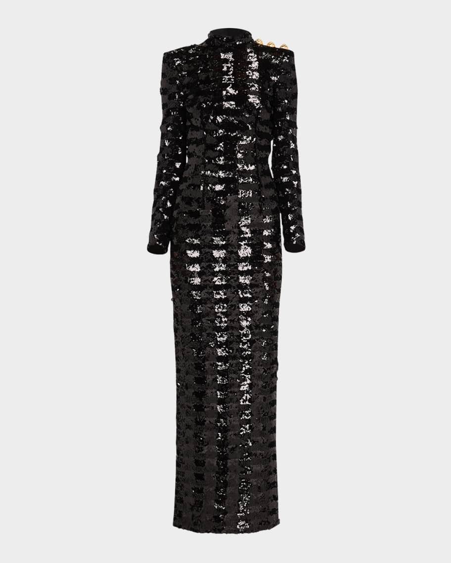 Balmain Three-Button Sequin Embroidered Backless Gown | Neiman Marcus