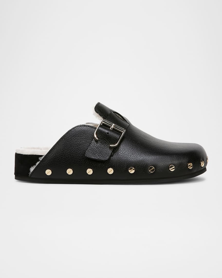 Veronica Beard Fern Leather Shearling Rivets Clogs | Neiman Marcus