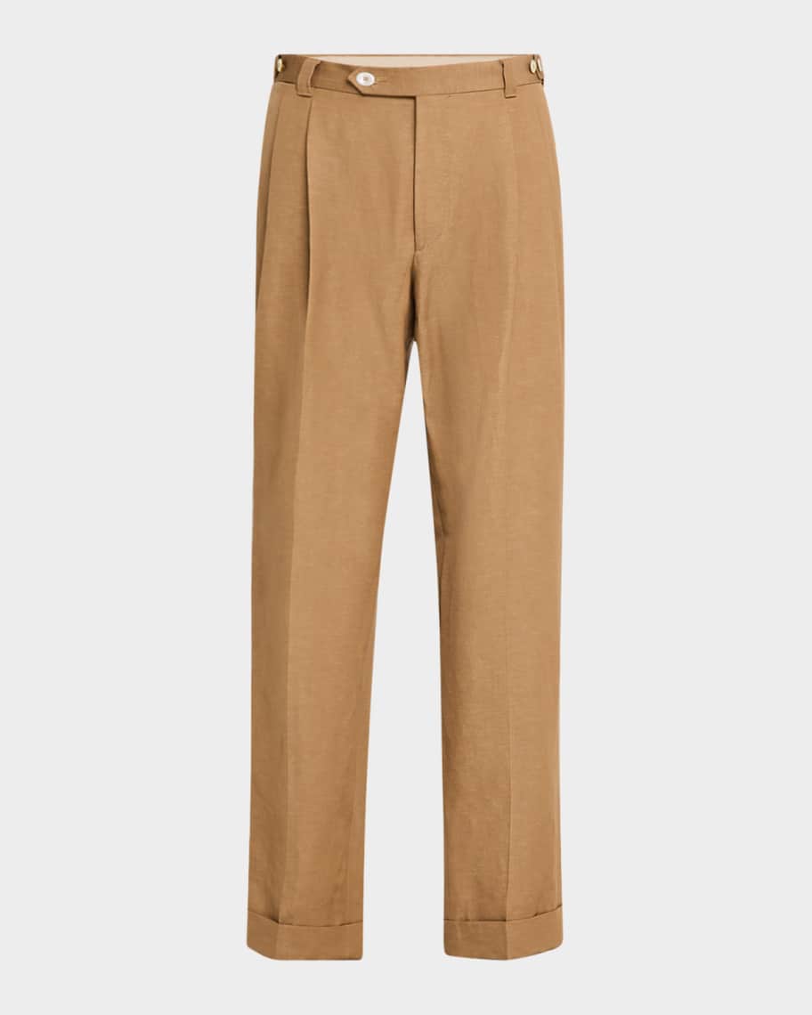 BOSS Camel Men's Wool and Linen Relaxed-Fit Pleated Trousers | Neiman ...