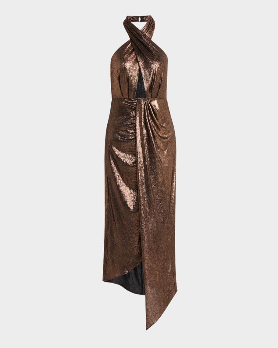 Ramy Brook Mayberry Backless Plunging Shimmer Midi Dress | Neiman Marcus