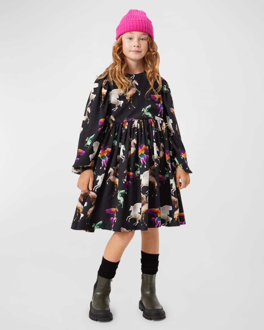 Molo Girl's Cocos Horse-Print Puff Sleeve Dress, Size 7-12 | Neiman Marcus