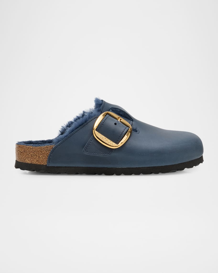 BIRKENSTOCK Boston Suede Shearling Buckle Slide Clogs | Neiman Marcus