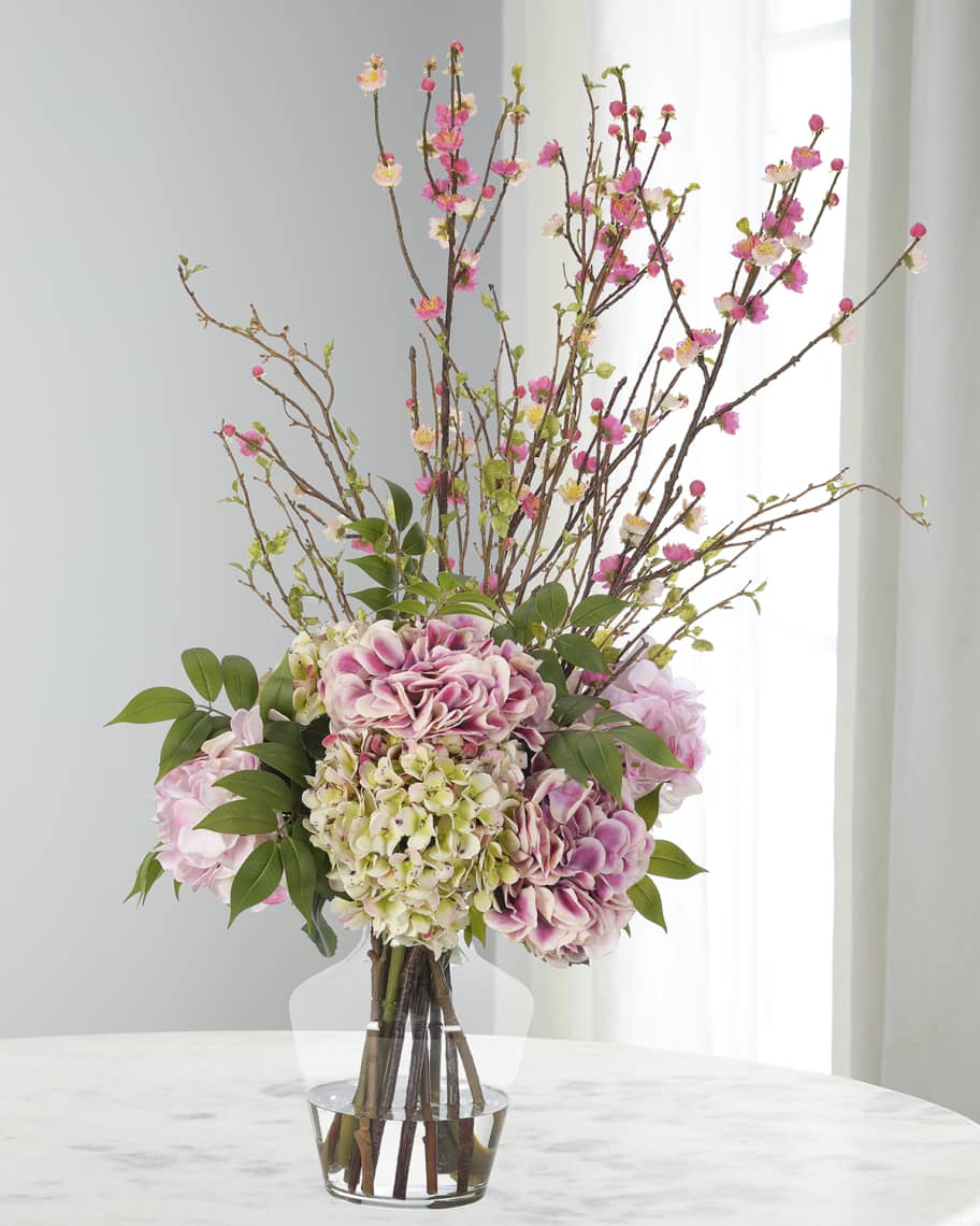 NDI Hydrangeas & Cherry Blossoms 38" Faux Floral Arrangement in a Glass ...