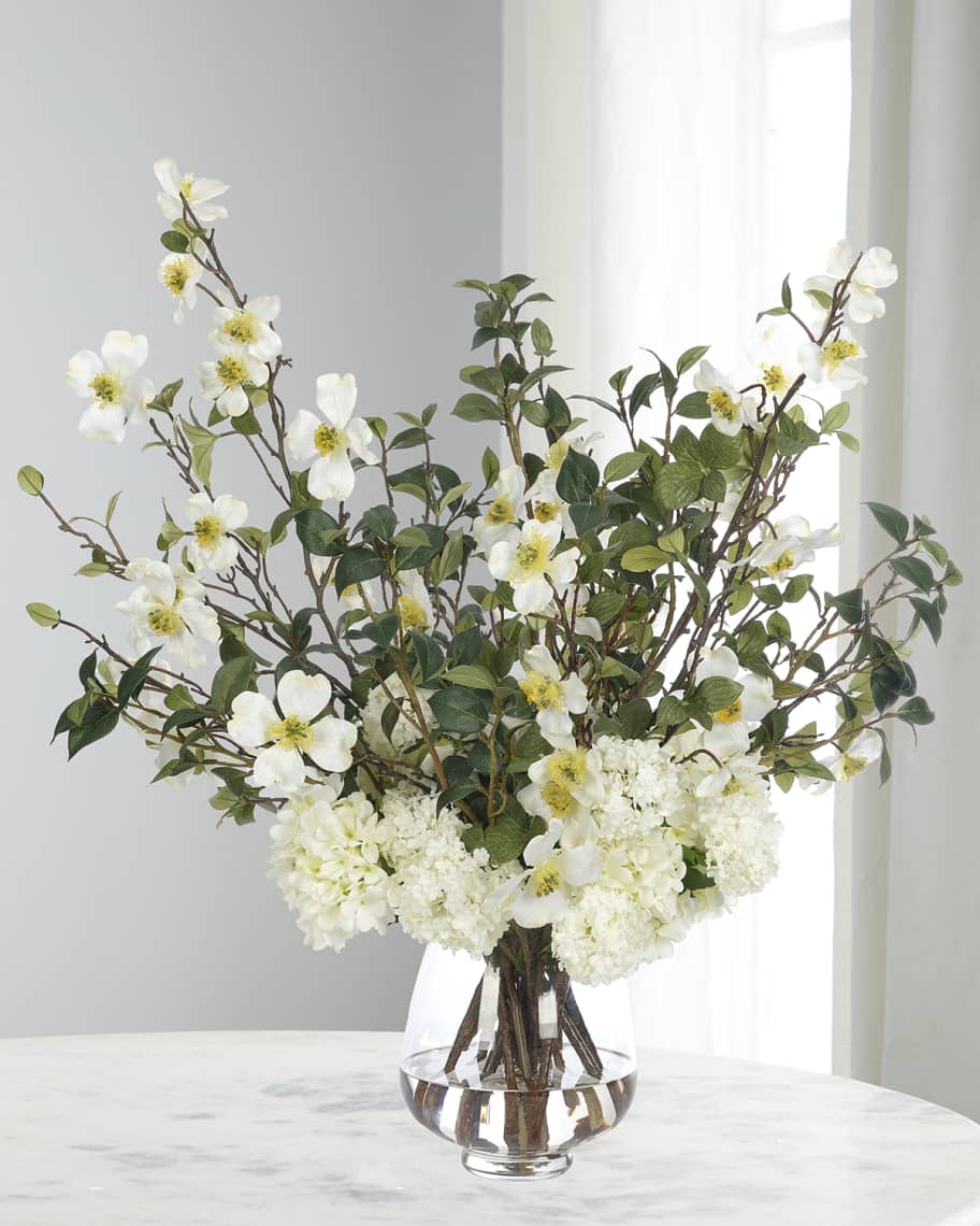 NDI Dogwood & Hydrangeas 33" Faux Floral Arrangement in a Glass Vase ...