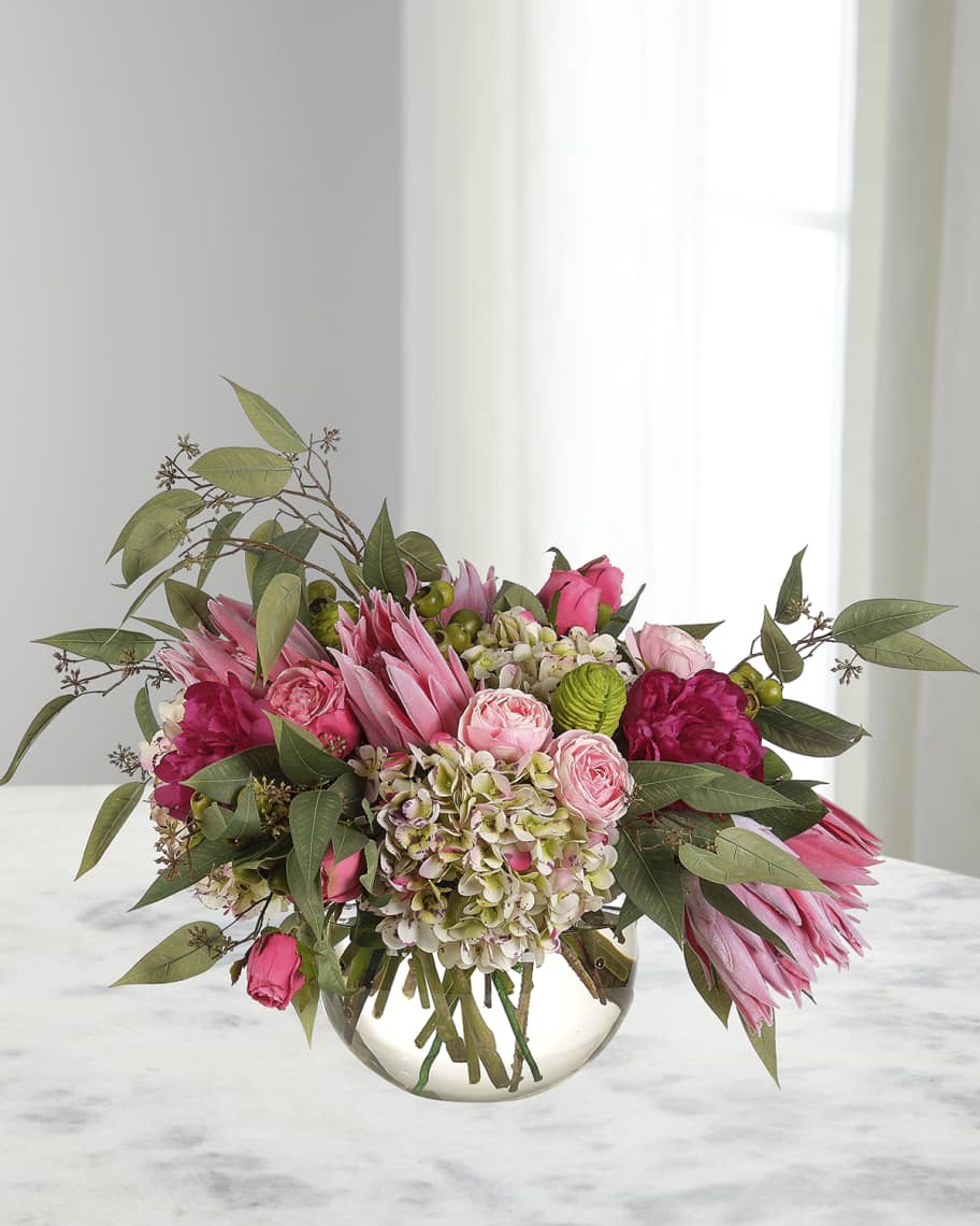 NDI Proteas & Hydrangeas 27" Faux Floral Arrangement in a Glass Bubble ...