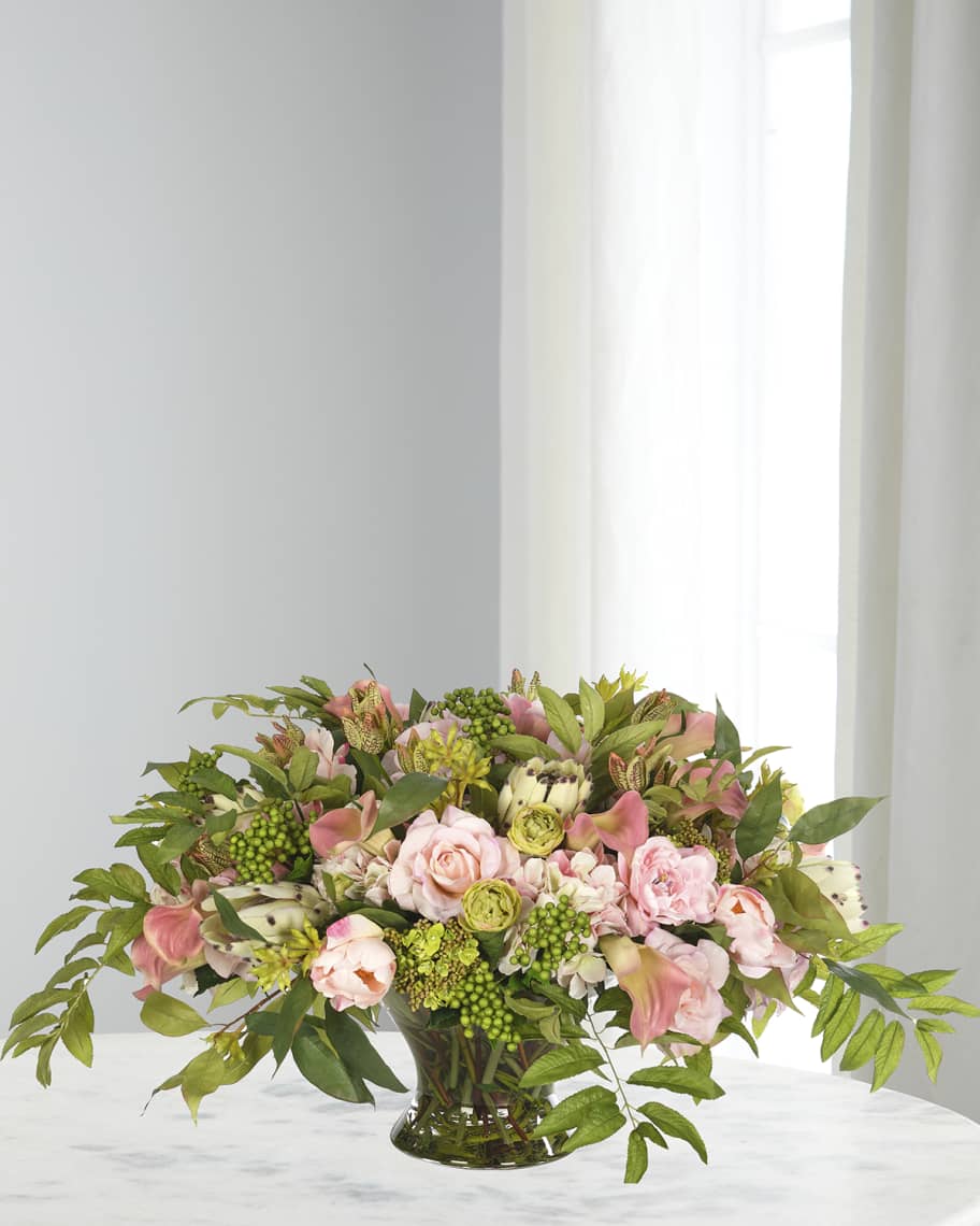 NDI Roses & Hydrangeas 35" Faux Floral Arrangement in a Glass Bowl | Neiman Marcus