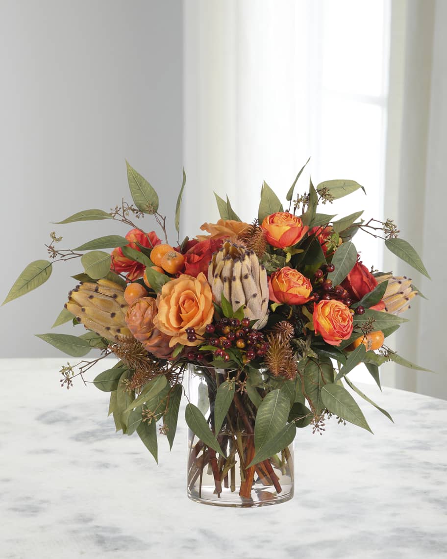 NDI Roses & Proteas 22" Faux Floral Arrangement in a Glass Cylinder ...