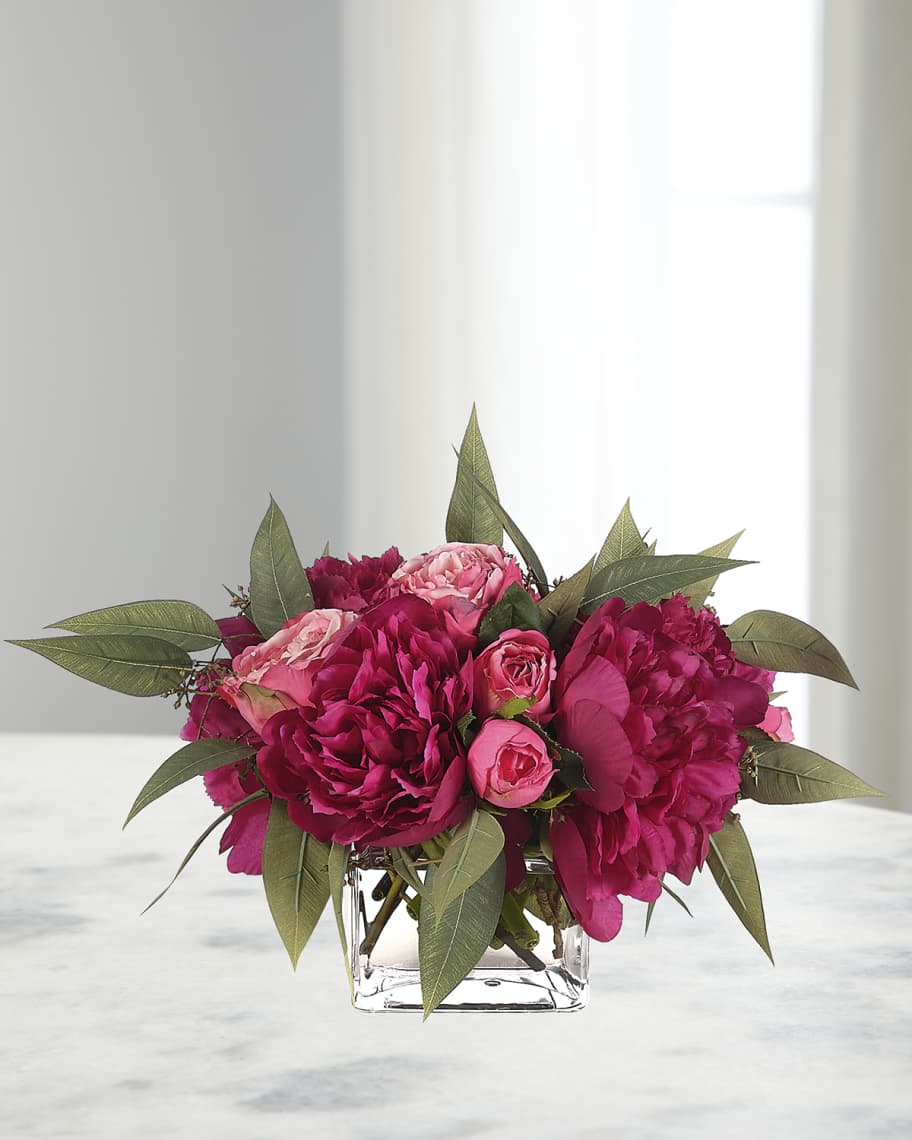NDI Peonies & Roses 15" Faux Floral Arrangement in a Glass Cube ...