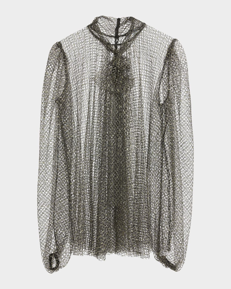 Dolce&Gabbana Metallic Fishnet Bow-Neck Shirt | Neiman Marcus