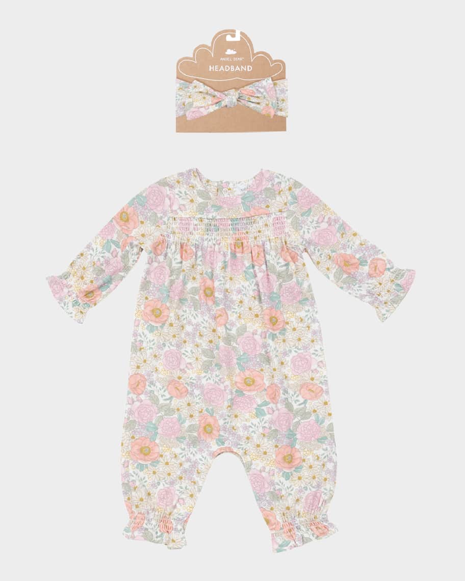 Angel Dear Girl's Peonies & Roses Smocked Romper W/ Headband Set, Size ...
