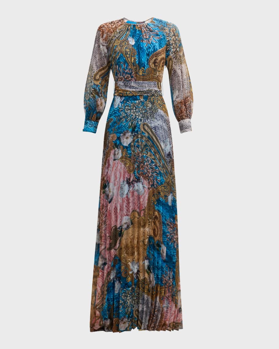 Rickie Freeman for Teri Jon Pleated Floral & Snakeskin-Print Chiffon ...